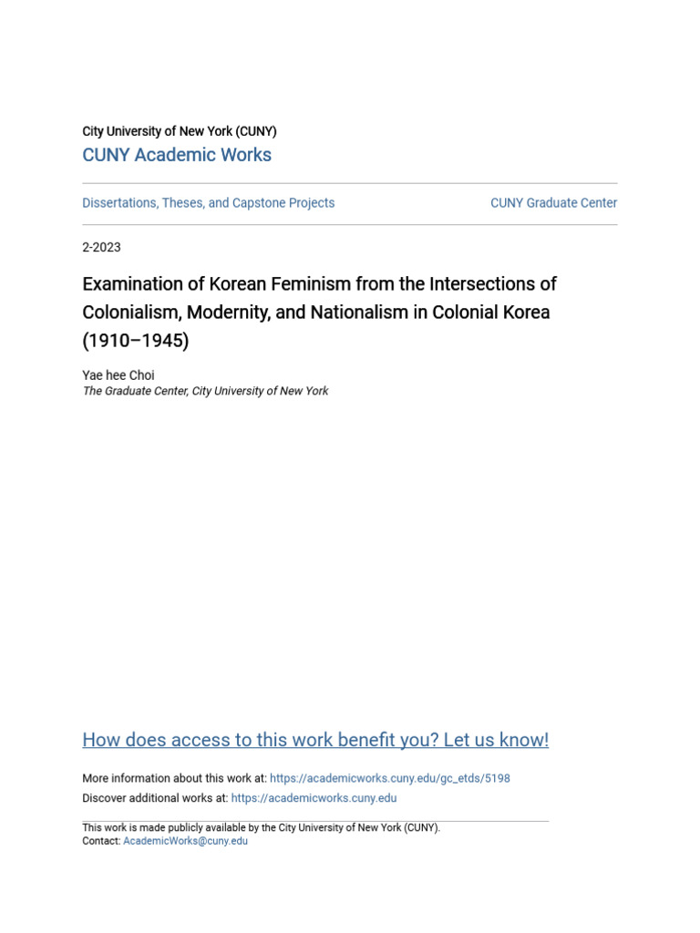 Examination of Korean Feminism from the Intersections of Colonial | PDF | Feminism | Gender Studies