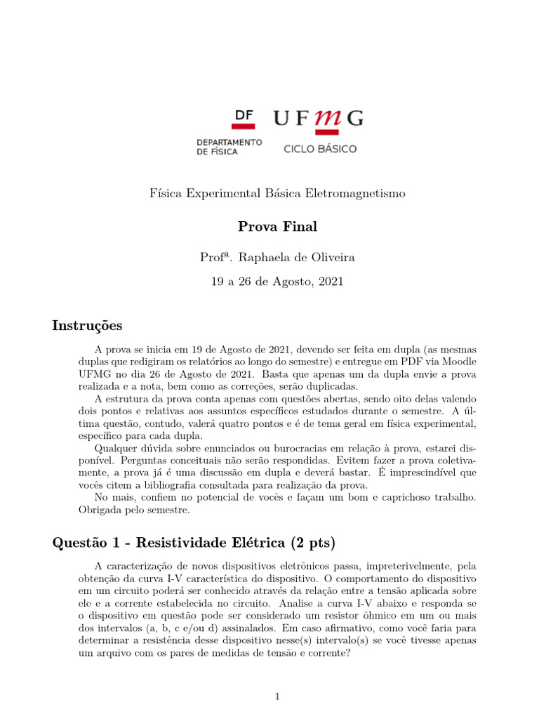 Prova PU1 FEB Eletromagnetismo | PDF | Rede elétrica | Eletricidade