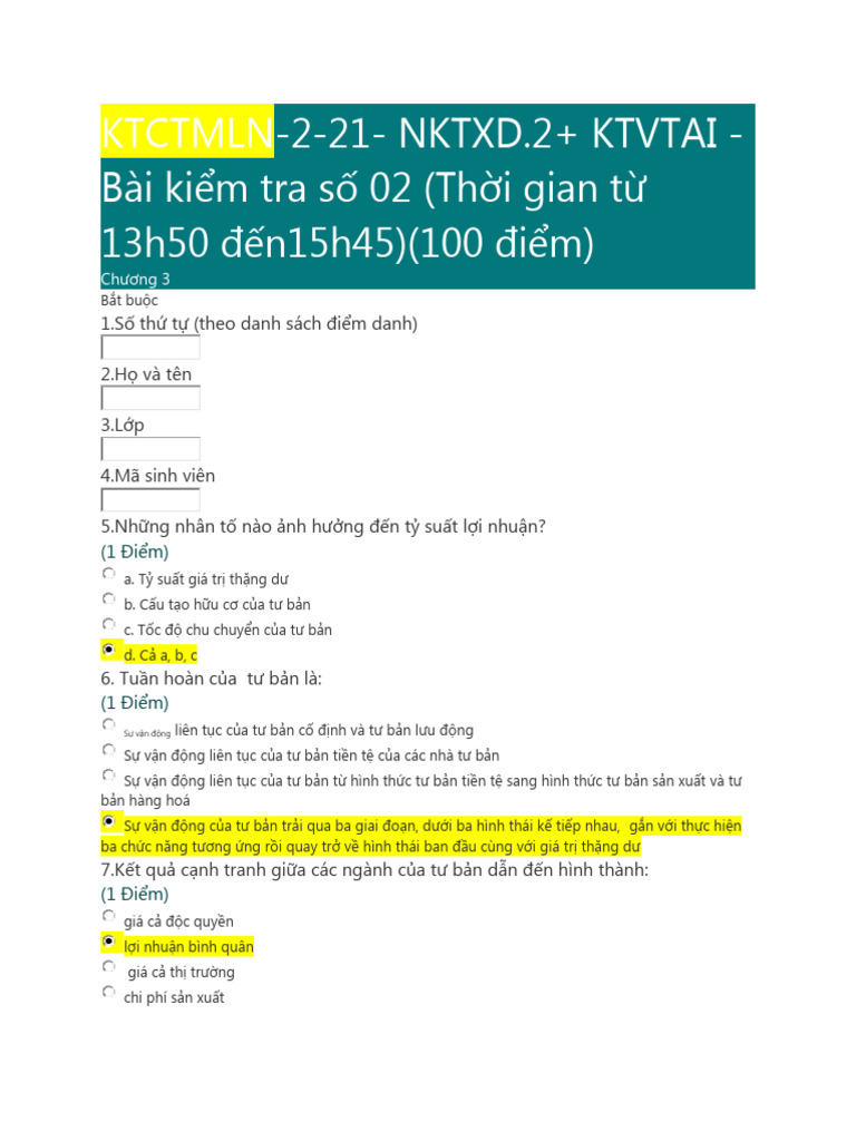 Bài Ktra TN 2 KTCT | PDF