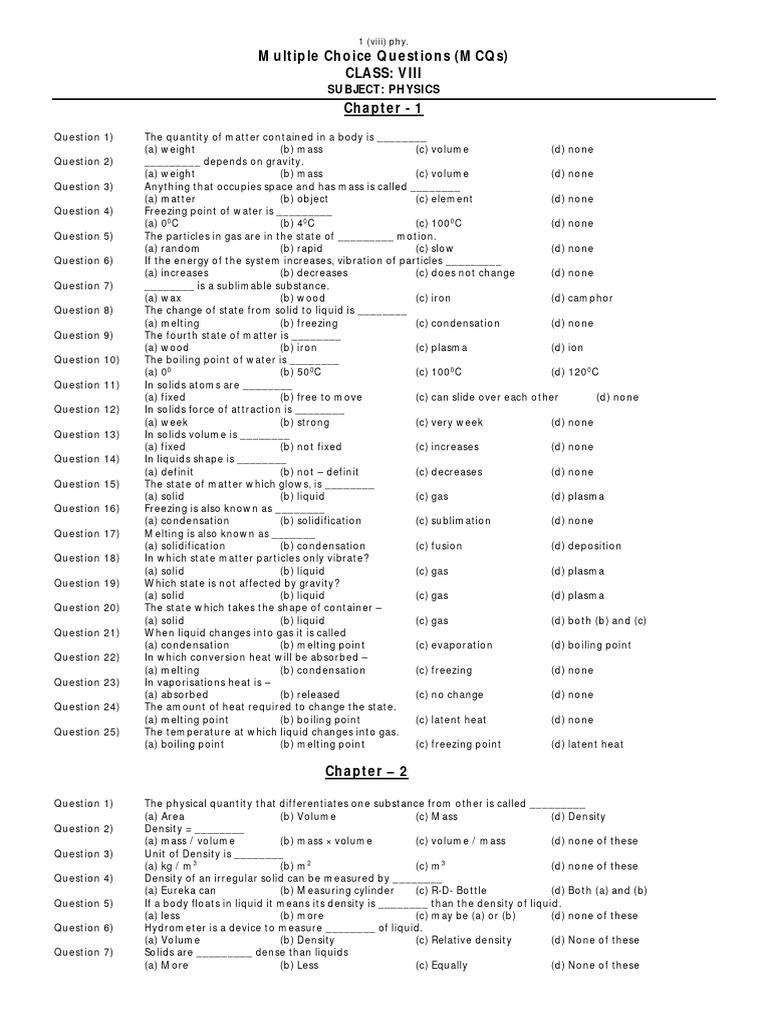 CLASS_8_PHYSICS | PDF | Density | Pressure
