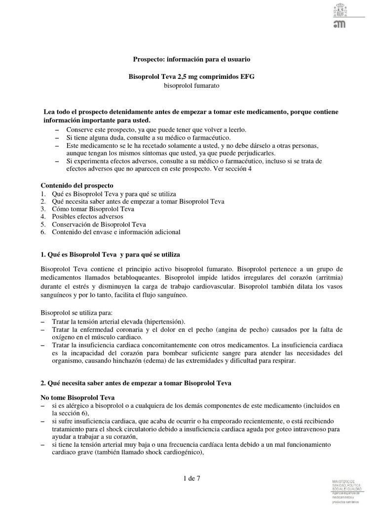 Uso y Precauciones de Bisoprolol Teva | PDF | Insuficiencia cardíaca | Medicamentos con receta