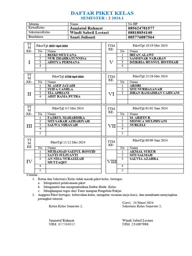 Daftar Piket Semester 2B 2024.1 | PDF