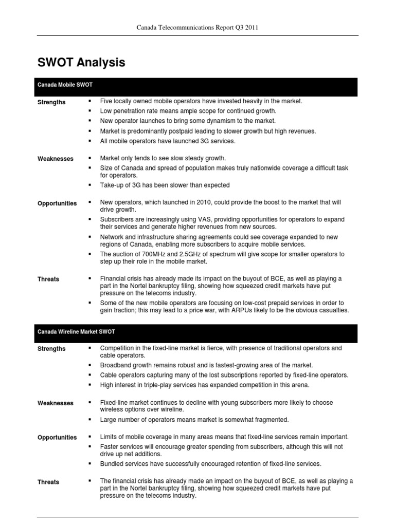 Canada Telecommunication SWOT Analysis | PDF | 3 G | Canada