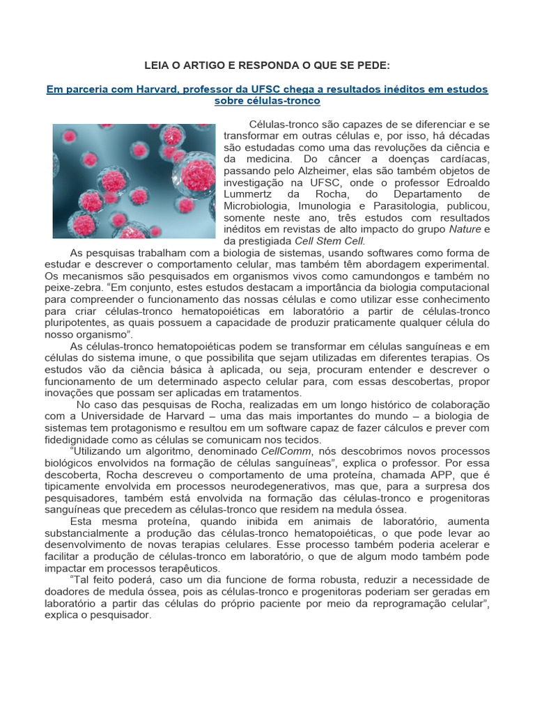 Leia o Artigo e Responda o Que Se Pede | PDF | Célula tronco | Sangue