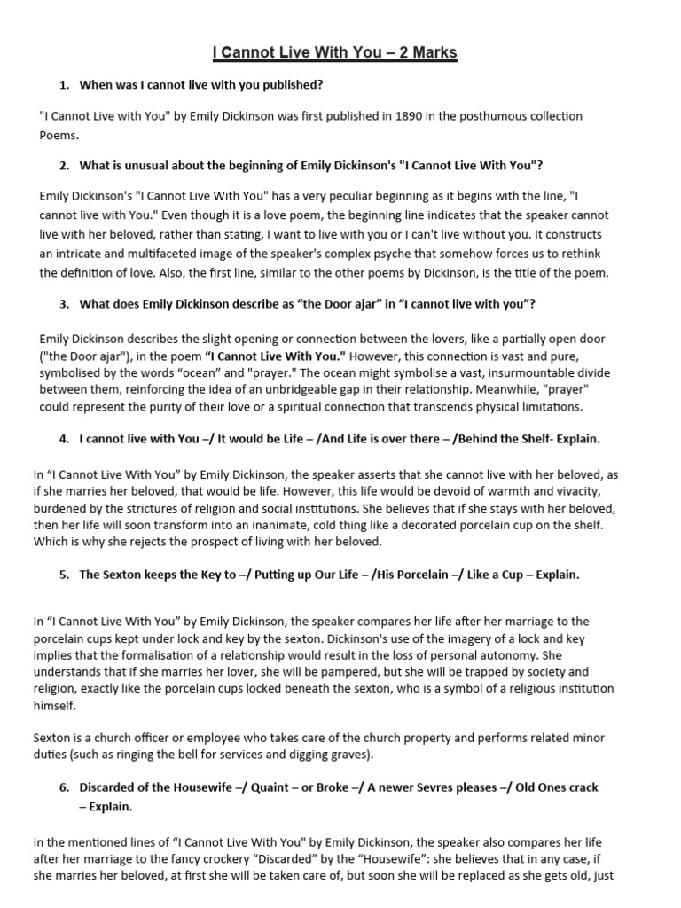 Analysis of Dickinson's "I Cannot Live With You" | PDF | Heaven | Emily ...