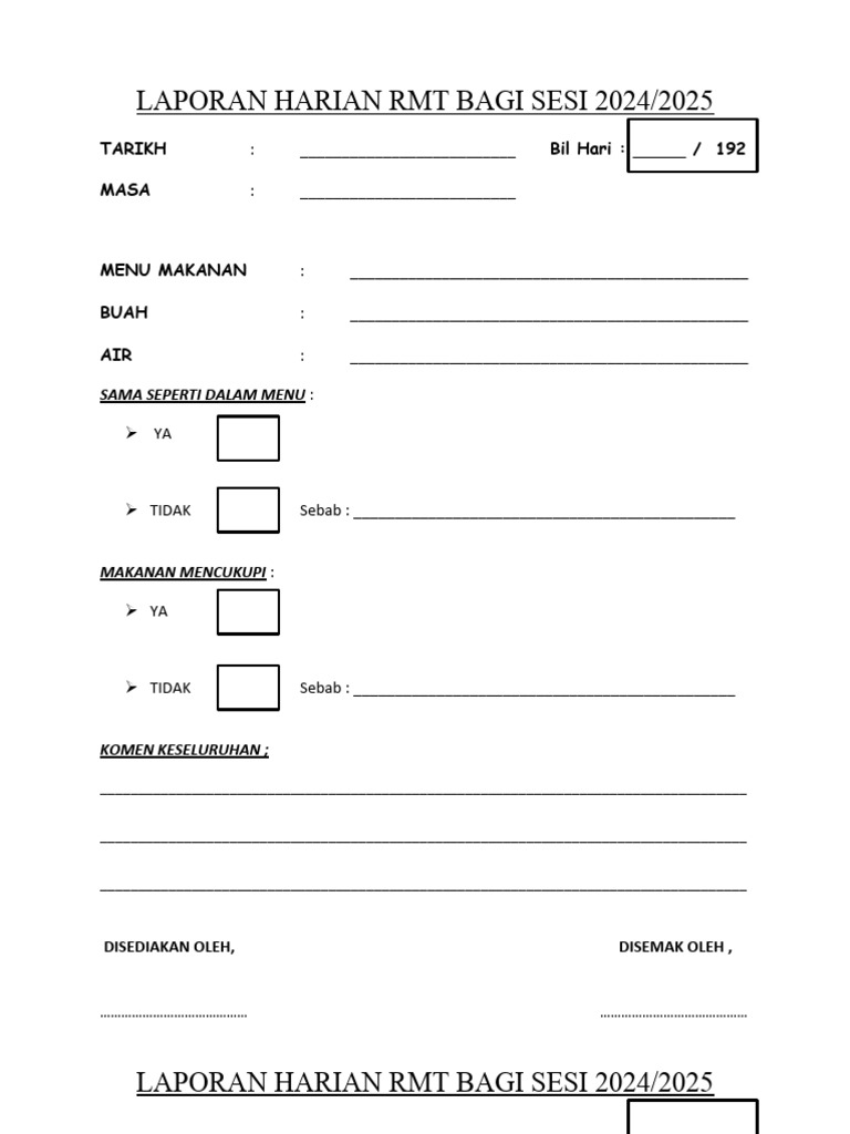 Laporan Harian RMT 20242025 | PDF