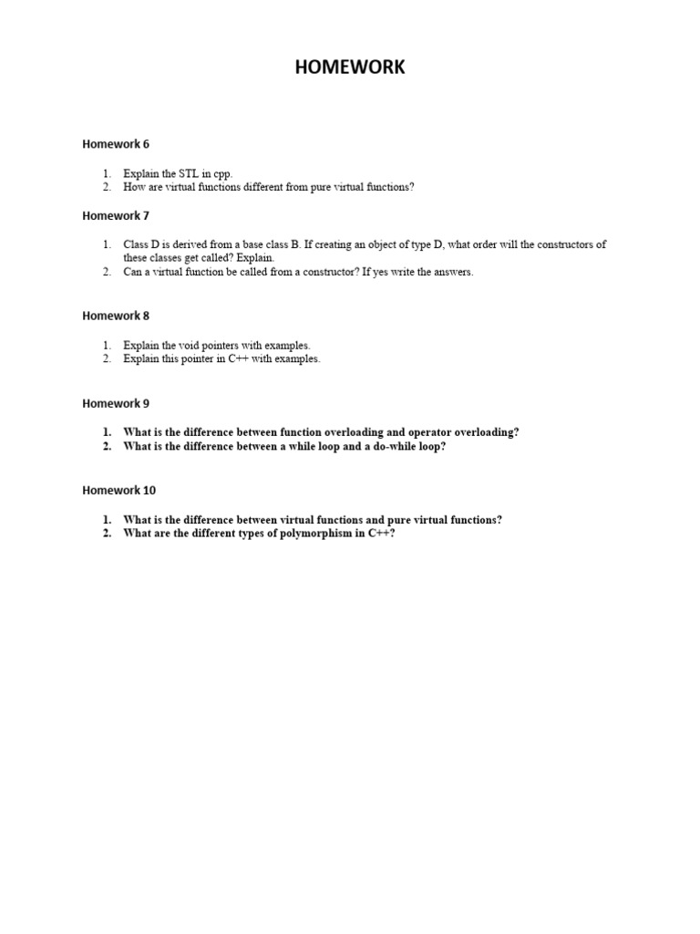C++ Homework: STL, Polymorphism, Pointers | PDF