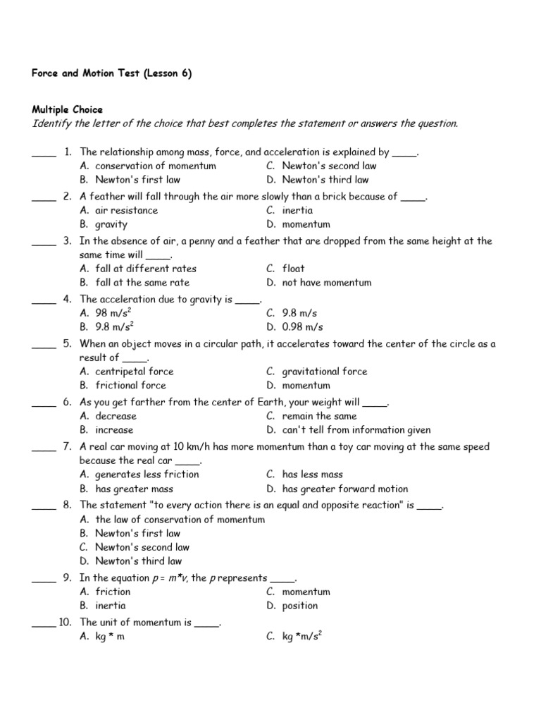 Forces and Motion Test | Download Free PDF | Force | Acceleration