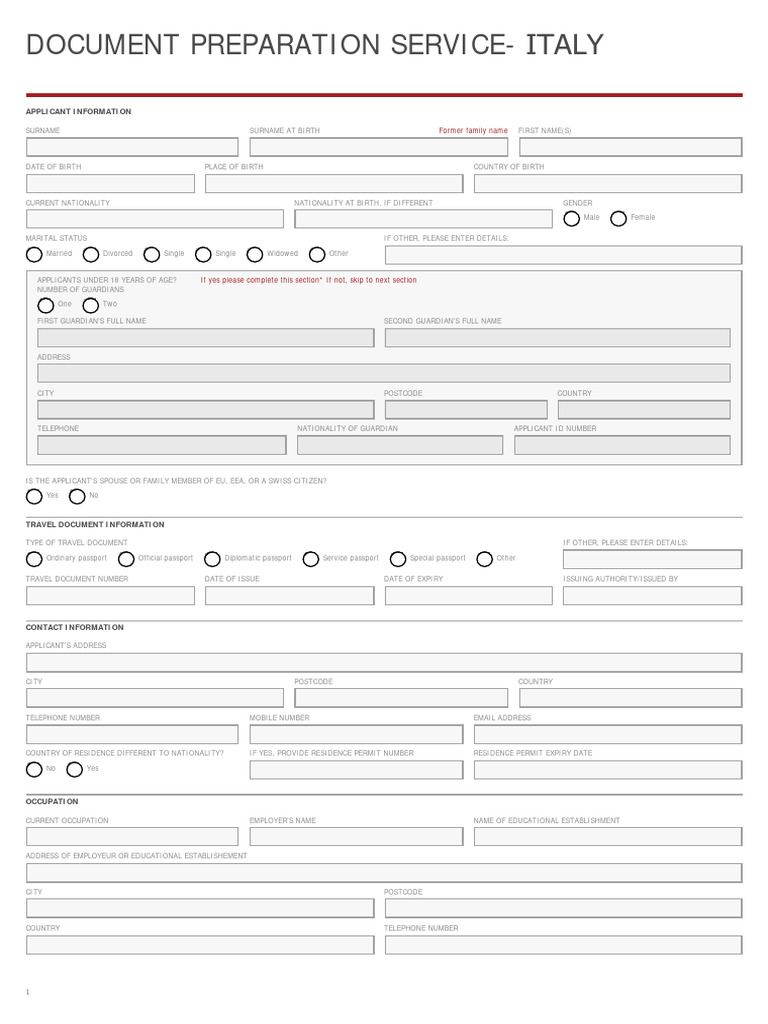 Italy Document Preparation Form | PDF | Passport | Government And ...