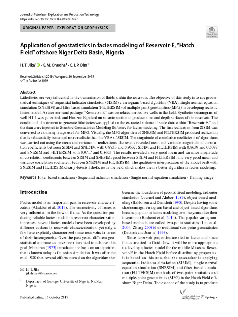 Application of Geostatistics in Facies Modeling of Reservoir E, "Hatch Field" Offshore Niger ...