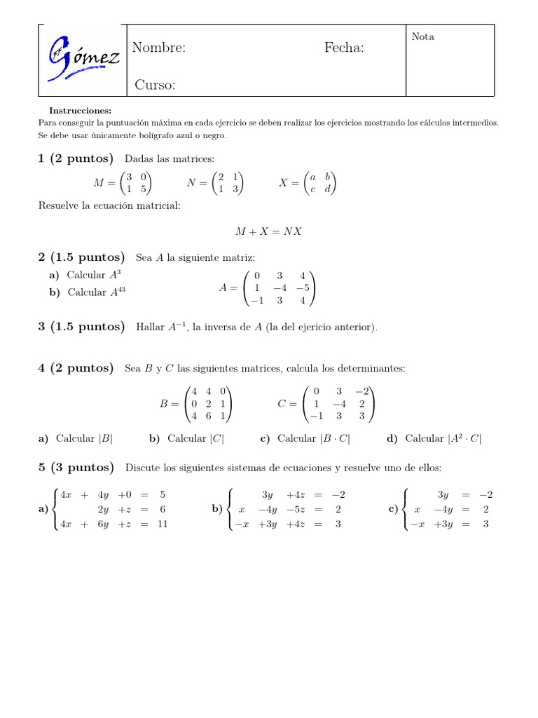 Control Álgebra Mates II | Descargar gratis PDF | Matriz (Matemáticas ...