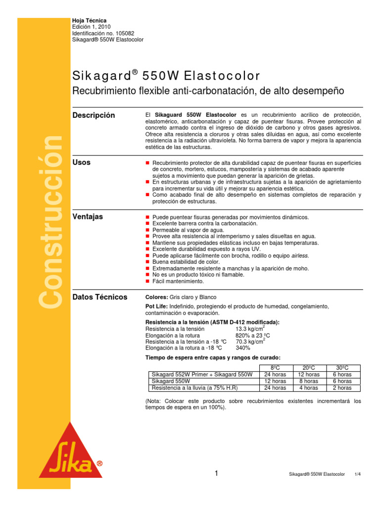 Recubrimiento Acrilico Sikagard 550w Elastocolor | PDF | Agua | Hormigón