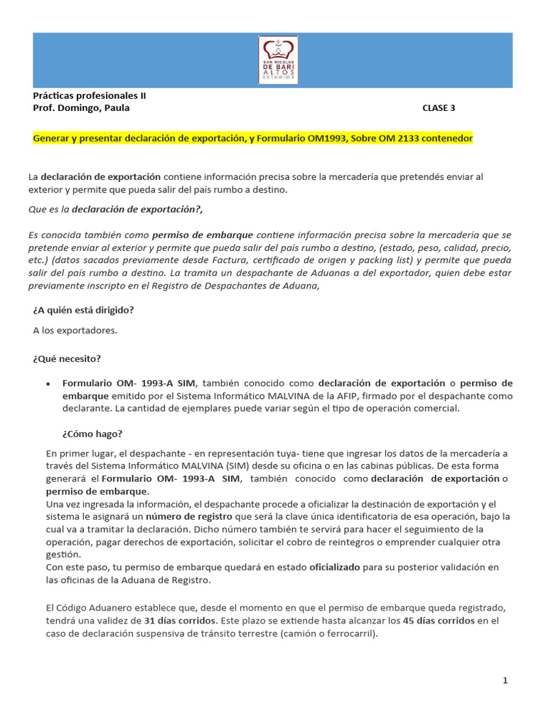 VX FORMULARIO OM Clase 1 Practicas Profesional de Comercio Internacional II | PDF | aduana ...