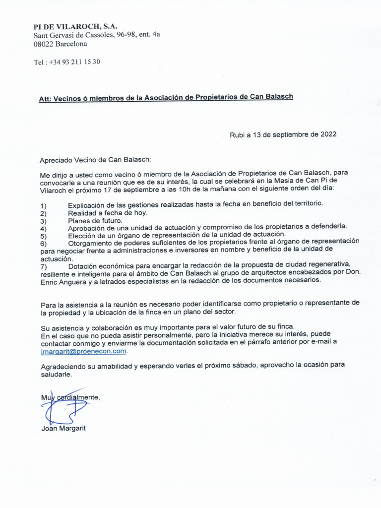 Carta Al Vecino APCB Can Pi de Vilaroch | PDF