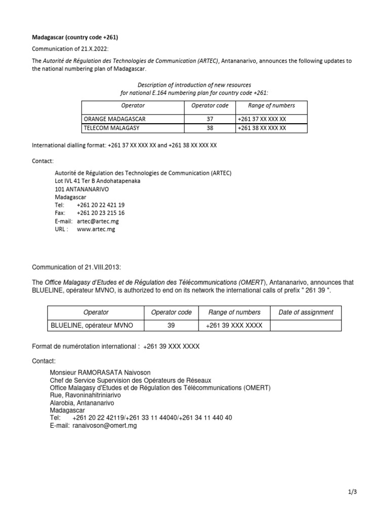 Madagascar Telecom Numbering Update | PDF | Telephone Numbering Plan ...