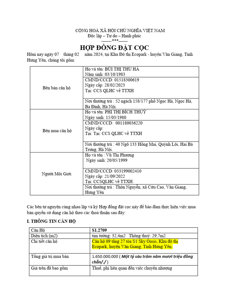 Hop Dong Dat Coc S1.2709 (1) | PDF