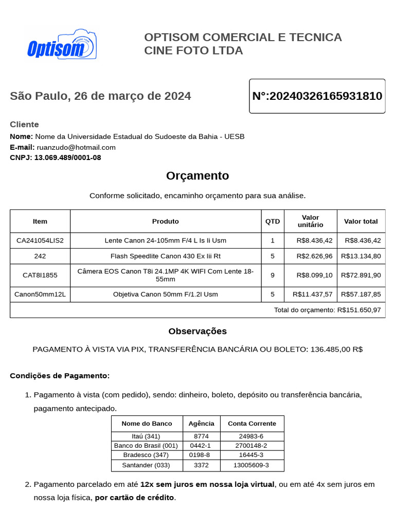 Orçamento - Loja Optisom | PDF | Bancos | Business