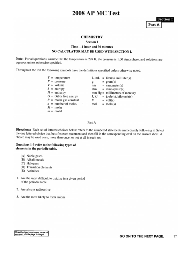 AP Chemistry 2008 With Answers | PDF | Multiple Choice | Educational ...