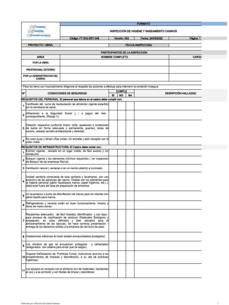 FT Sig SST 048 v002 Inspección Casino | PDF | Alimentos | Higiene