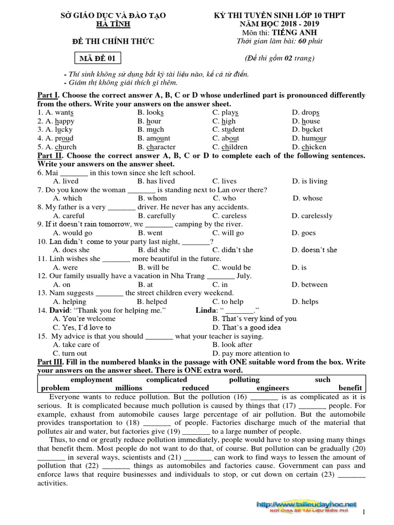 Đề Thi Tuyển Sinh Lớp 10 THPT Hà Tĩnh Môn Tiếng Anh 2018-2019 Chính Thức-PDF-Có Đáp Án Kèm Theo ...