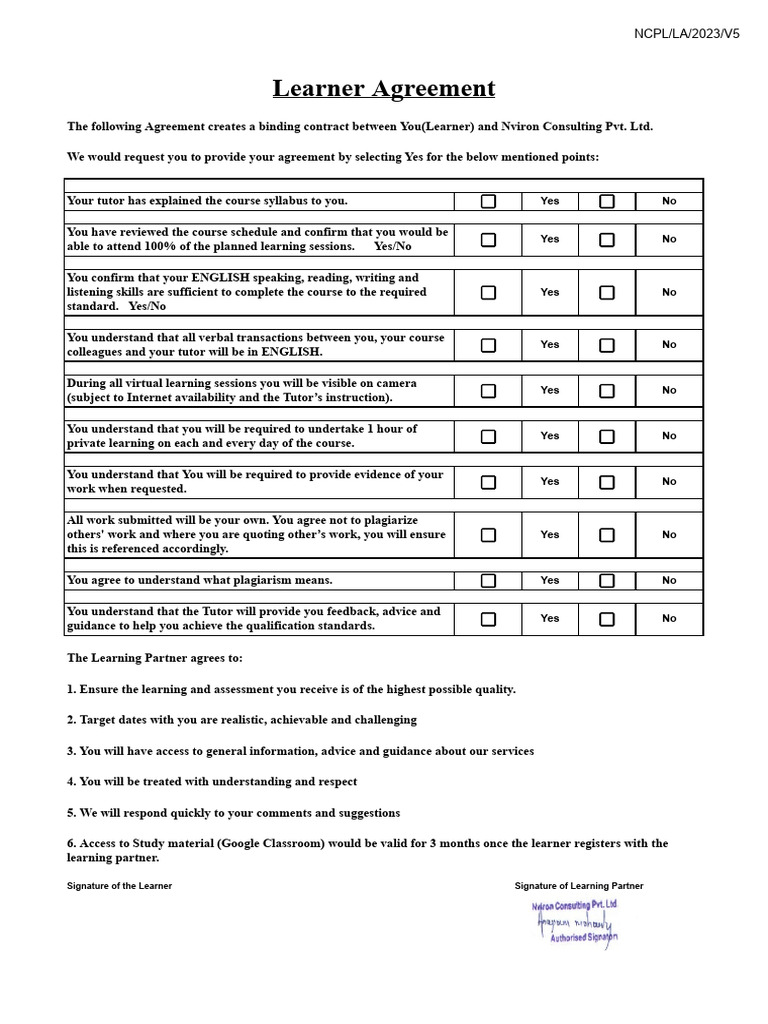 Learner Agreement | PDF | Learning | Pedagogy