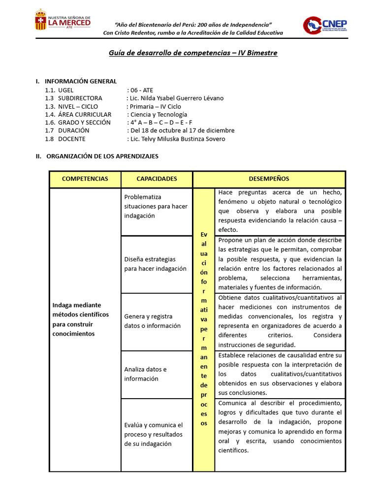 Guía de Desarrollo de Competencias Ciencia y Tecnología 4to Grado Iv Bim | PDF | Aprendizaje ...