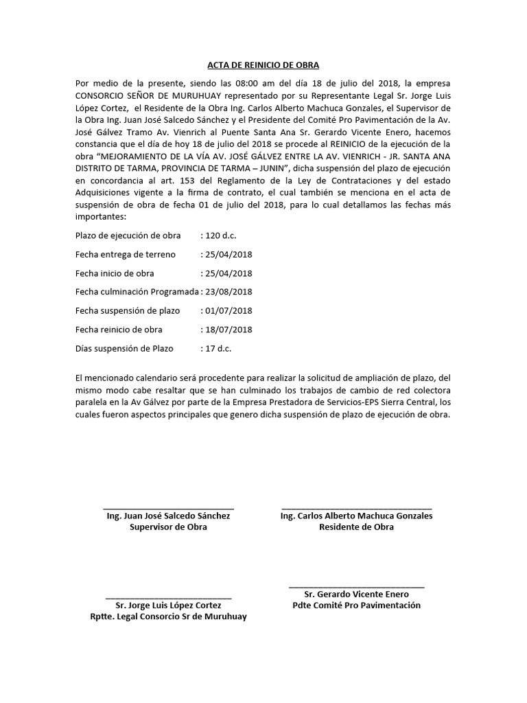 Acta de Reinicio de Obra | PDF | Derecho