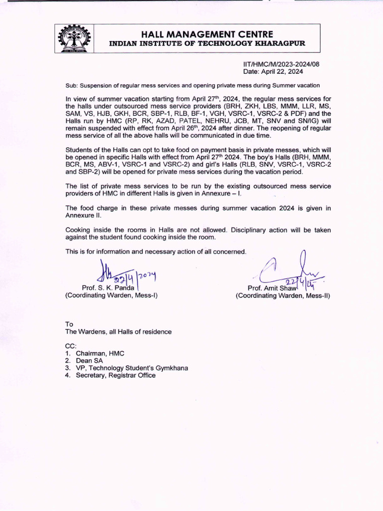 Summer Mess Service Suspension Notice | PDF | Lunch | Curry