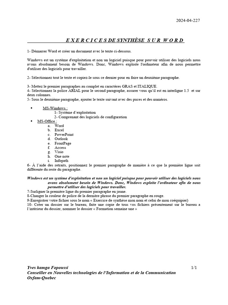 Exercices pratiques sur Word | PDF