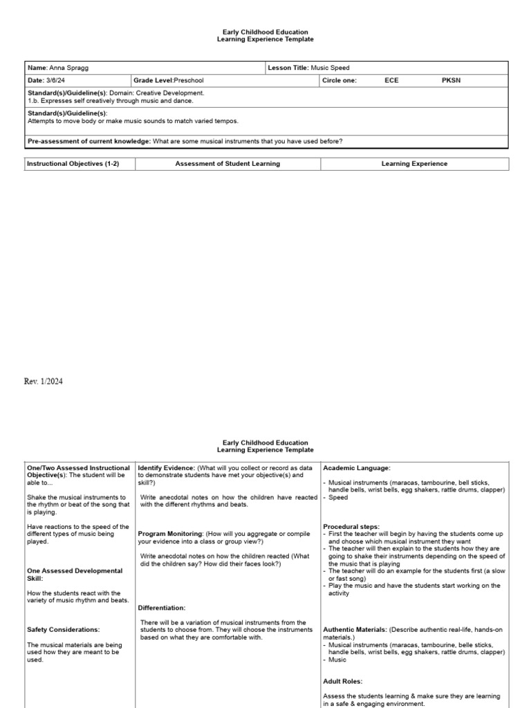 Ece Lesson Plan - Music | PDF | Early Childhood Education | Learning