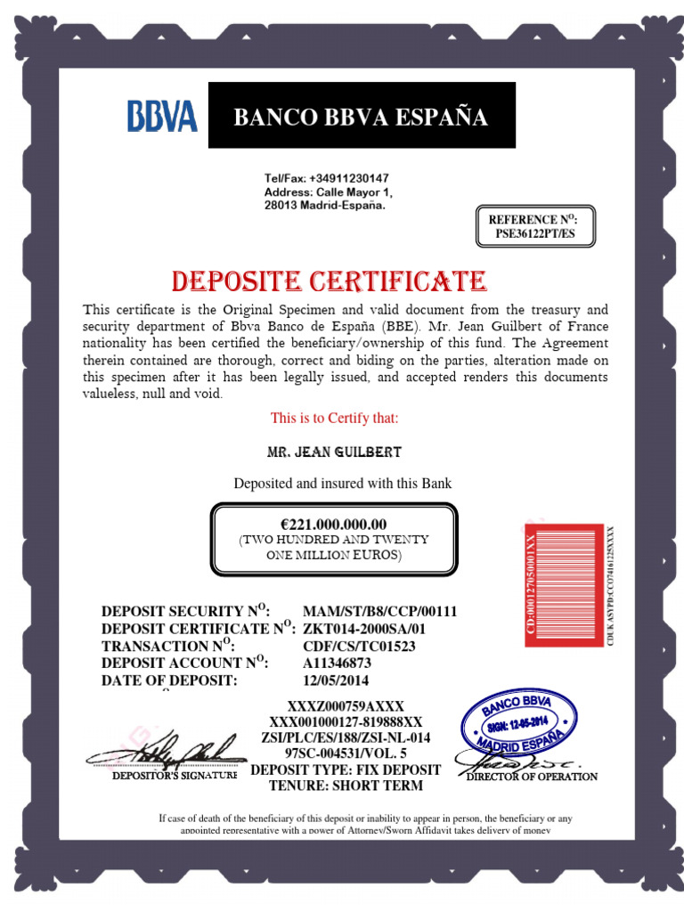 Deposite Certificate Banco Bbva | PDF