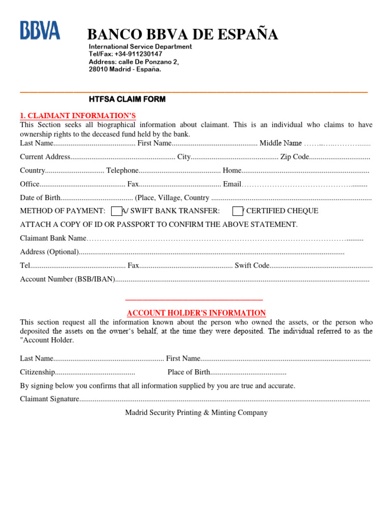 Claimant Form Banco Bbva | PDF | Banks | Money