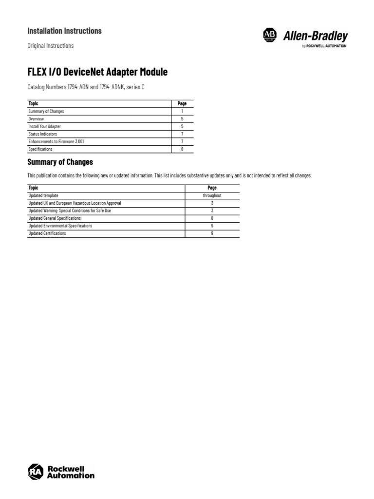 Flex I/O Devicenet Adapter Module: Installation Instructions | PDF