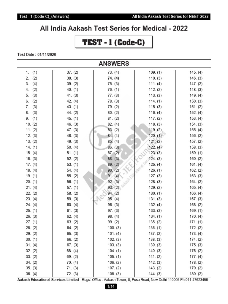 NEET 2022 Test 1 Code C Answers & Solutions | PDF | Meiosis | Cell Biology
