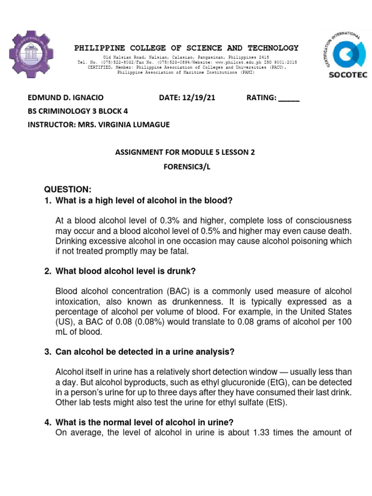 Forensic3l Val Edmund Ignacio Assign For M5 L2 Alcohol | PDF | Clinical Medicine | Alcohol