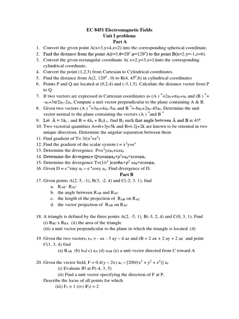 EMF Unit 1 and 2 Problems | PDF | Divergence | Euclidean Vector