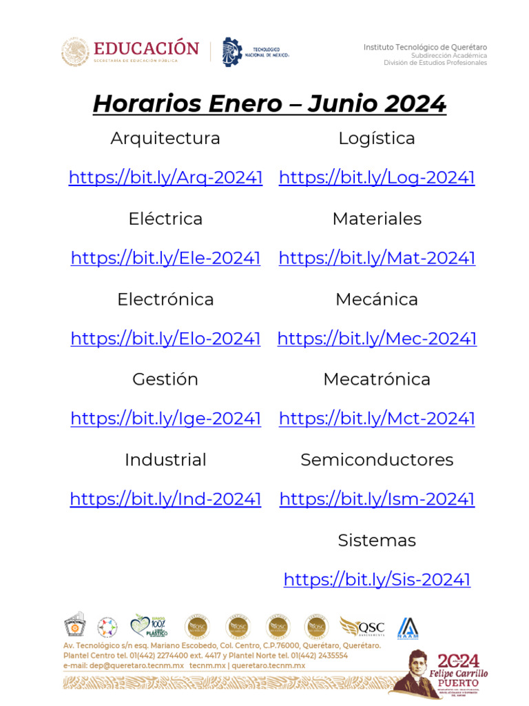 Horarios-Enero-Junio-2024 Itq | PDF