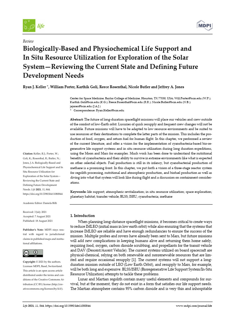 Biologically-Based and Physiochemical Life Support | PDF | Carbon ...