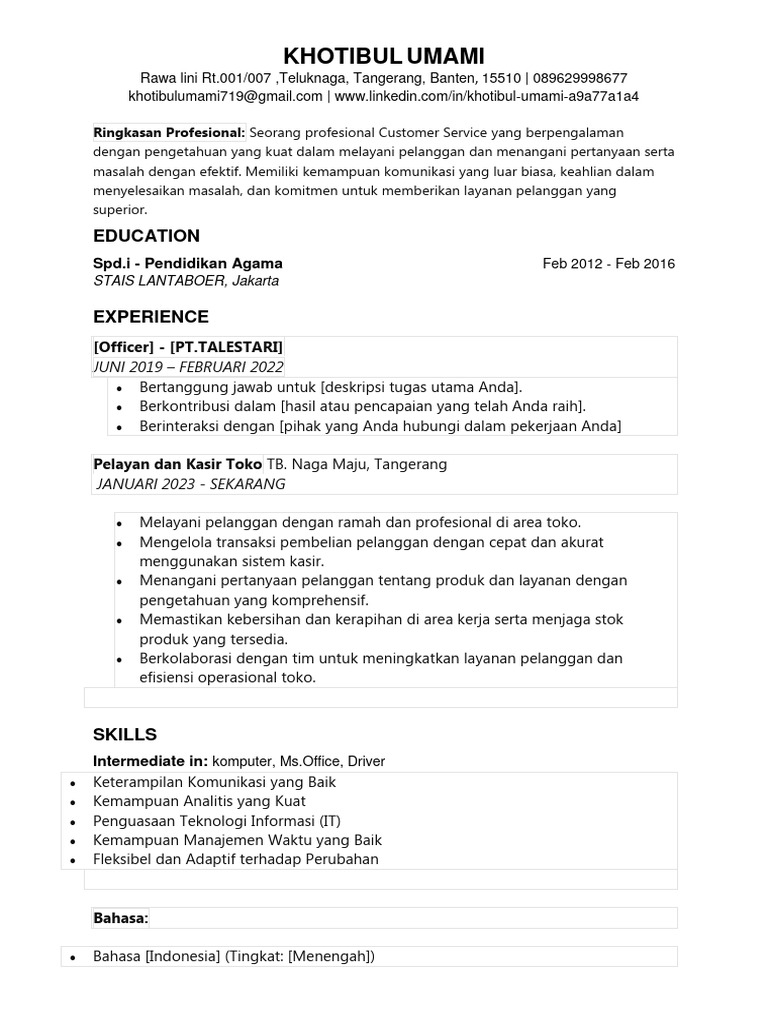 CV Ats Customer Service | PDF | Karier & Perkembangan | Bisnis