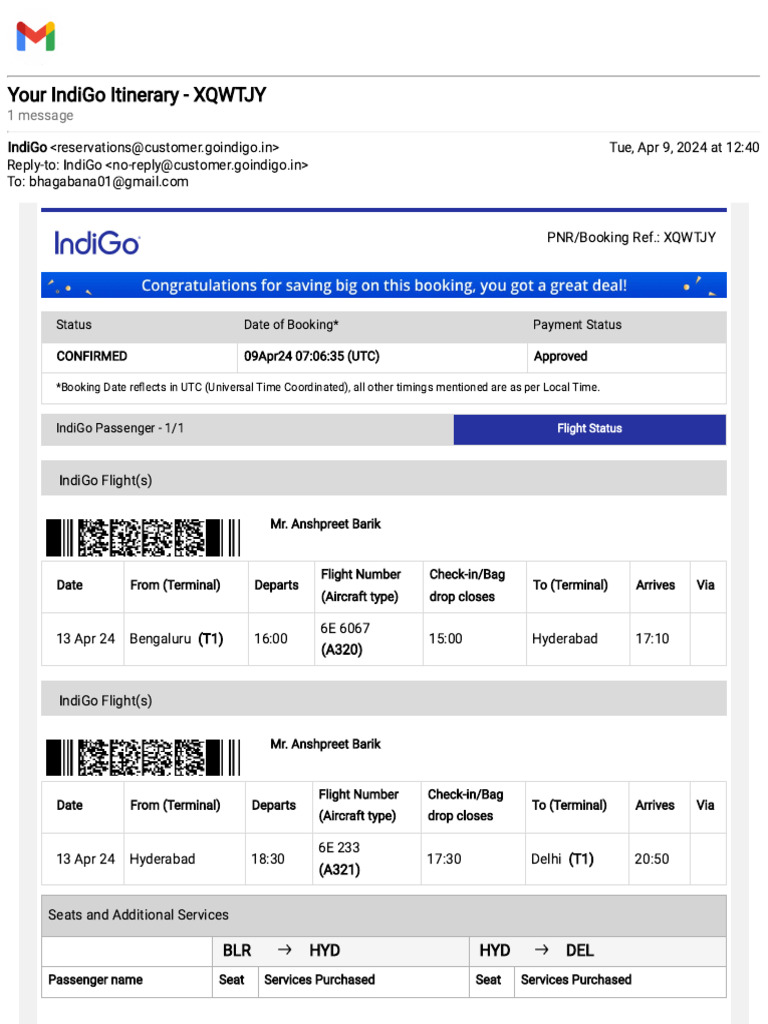 Gmail - Your IndiGo Itinerary - XQWTJY | Download Free PDF | Identity ...