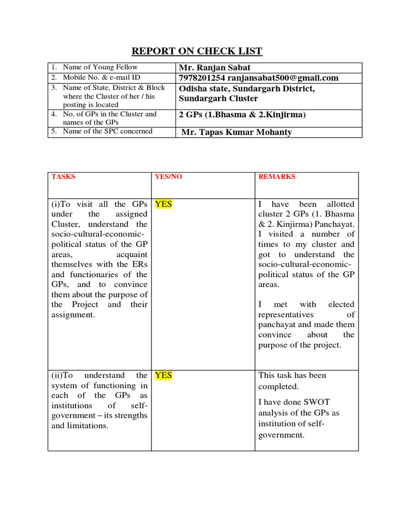 Report On Check List Ranjan | PDF