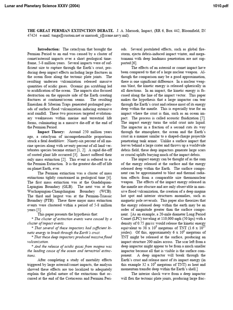 THE GREAT PERMIAN EXTINCTION DEBATE. J. A. Marusek, Impact, (RR 6, Box ...
