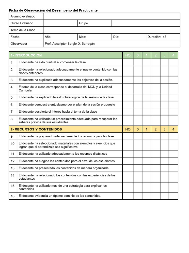 Ficha de Observación Del Desempeño Docente | PDF | Maestros | Aprendizaje