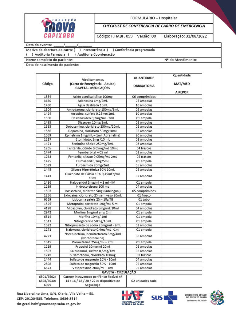 F.HABF.059 - Checklist - Carro de Parada | PDF | Drogas | Tratamentos ...