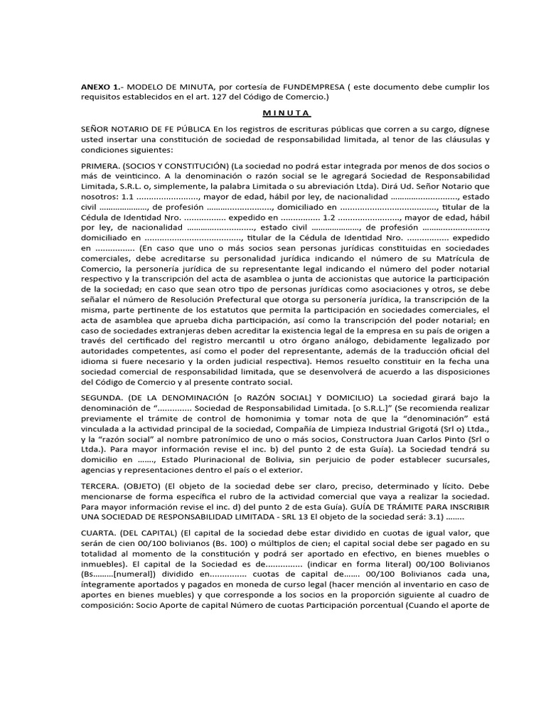 C1-Estudio de Caso 1 Modelo de Minuta Sociedad de Responsabilidad Limitada 2 | Descargar gratis ...