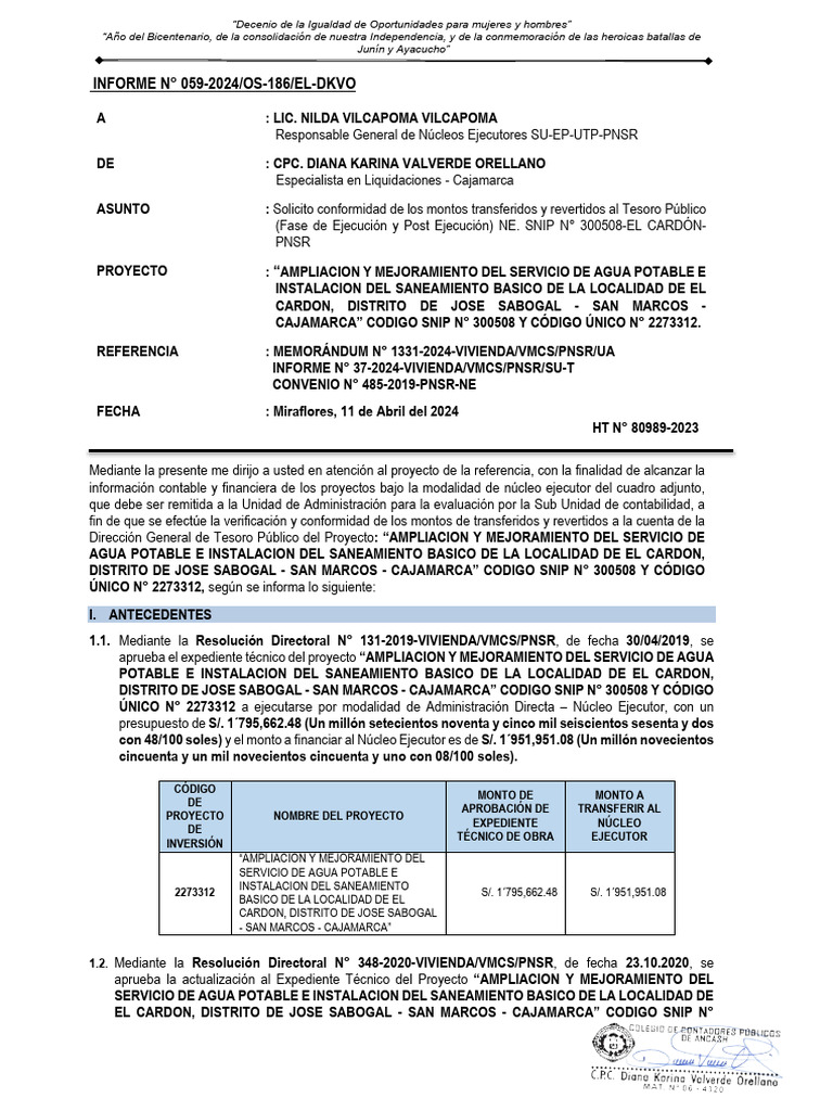 Informe #059-2024 Ne. El Cardón (Conformidad de Saldos) | PDF