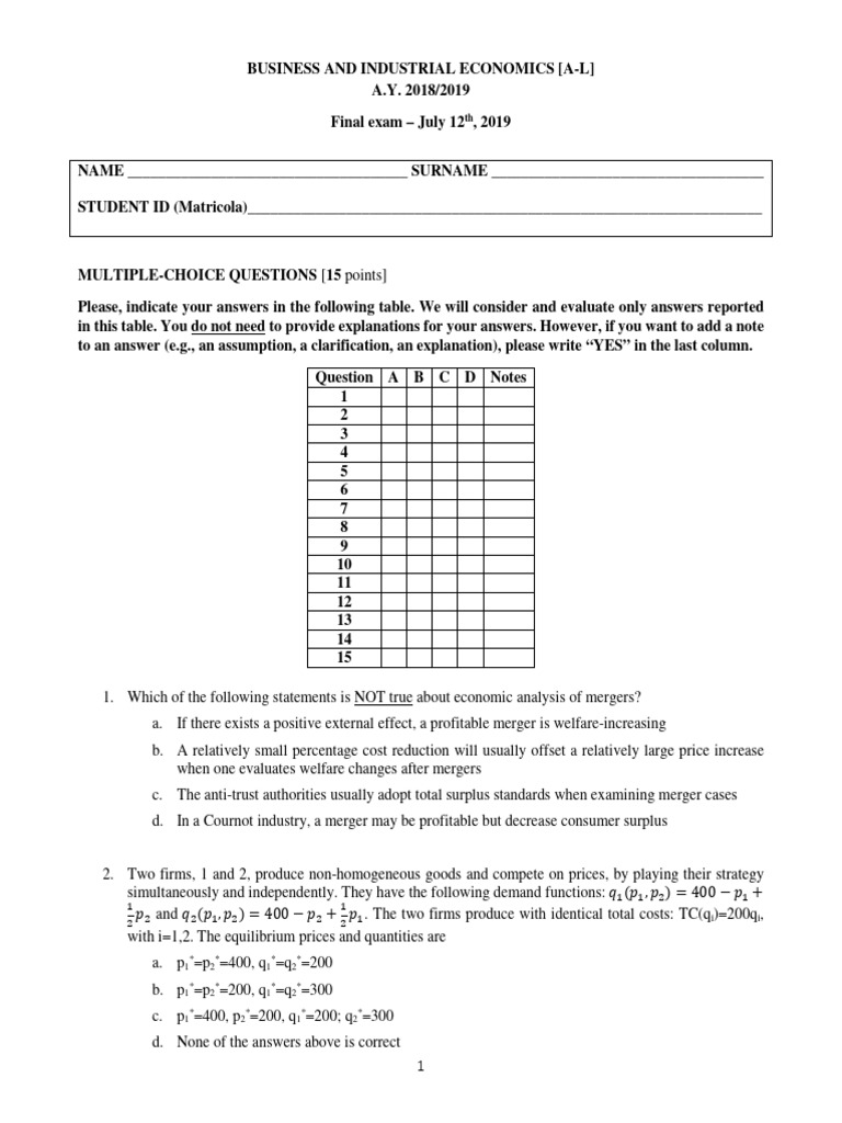 Business Economics Final Exam 2019 | PDF | Market (Economics ...