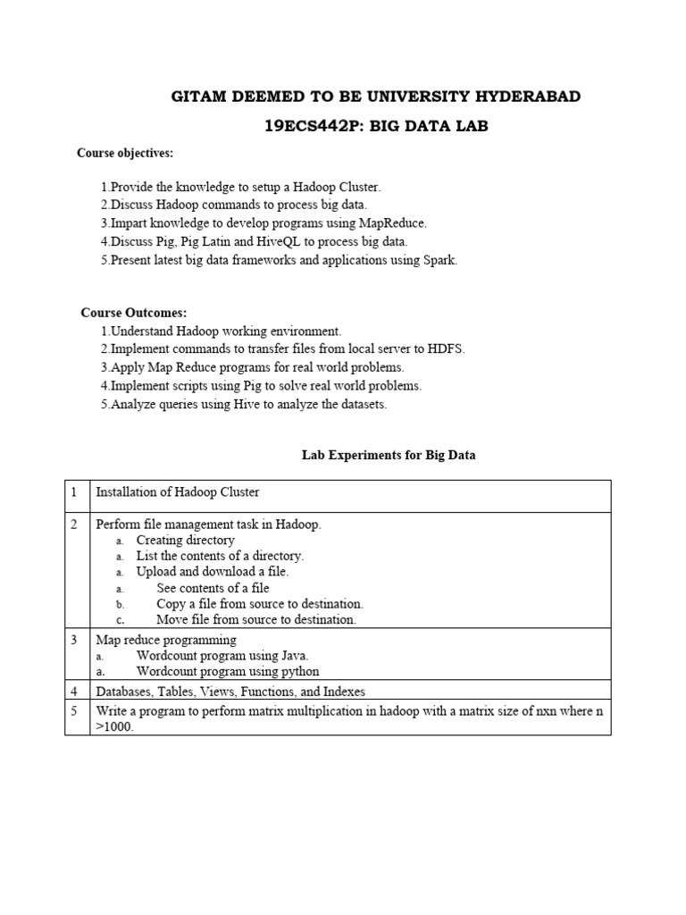 Big Data Lab Manual and Syllabus | PDF | Apache Hadoop | Data Management