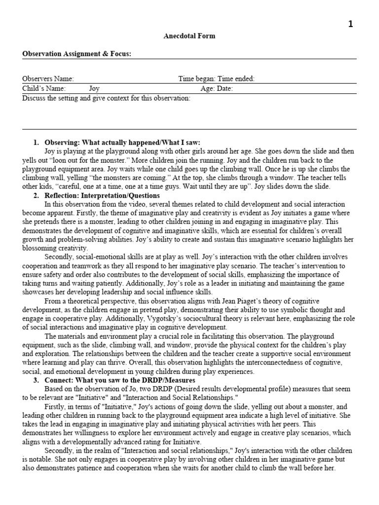 Observation Form | PDF | Cognition | Cognitive Development