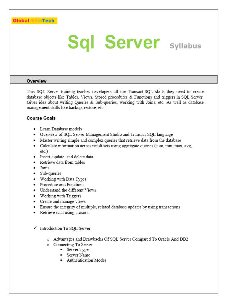 SQLSyllabus | PDF | Sql | Microsoft Sql Server